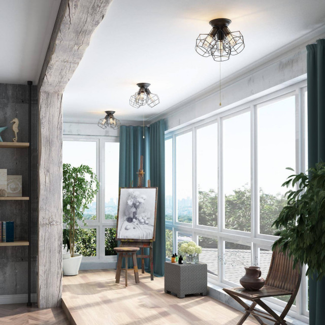 LNC 3-Light Industrial Pull-String Ceiling Lamp, Matte Black ...