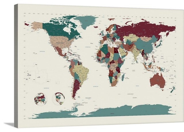 World Map Wrapped Canvas Art Print, 48"x32" - Contemporary - Prints And ...