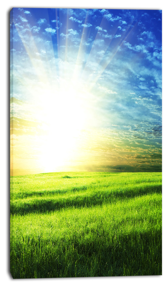 Bright Green Field At Sunrise, Oversized Landscape Canvas Art, 16"x32 ...
