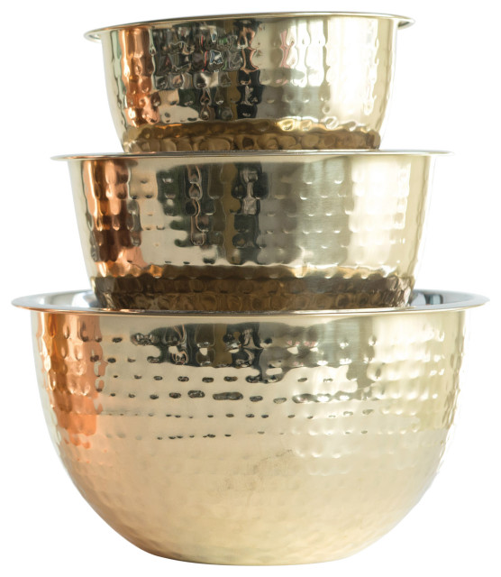 Hammered Stainless Steel Bowls, Gold Finish, 3-Piece Set - Serving And ...