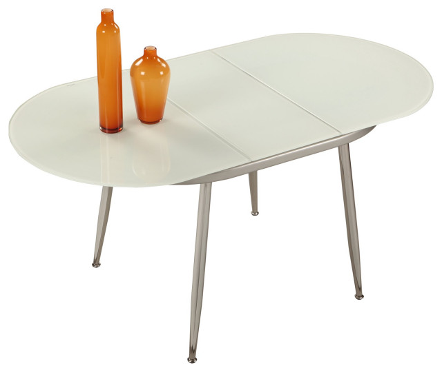 Contemporary Dining Table, Sturdy Metal Base & Extendable Oval White ...