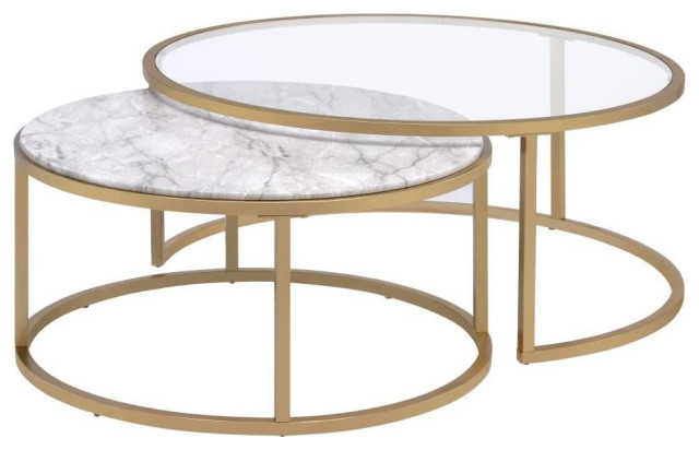 Set of 2 Coffee Table, Nesting Design With Golden Base and Faux Marble ...