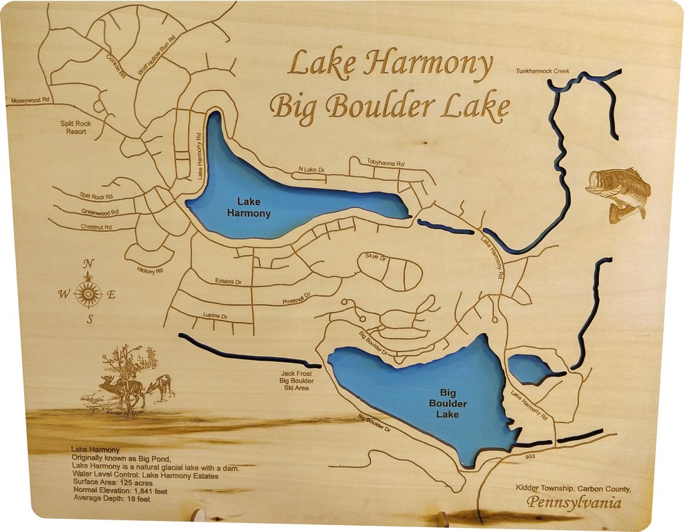 Lake Harmony, Big Boulder Lake, Pennsylvania-Wood Lake Map, Small ...