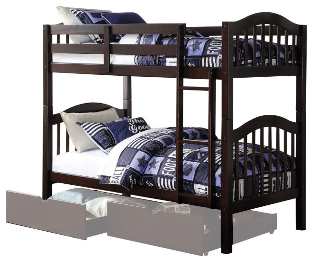 Wooden Twin Over Twin Bunk Bed with Attached Ladder and Side Rails ...