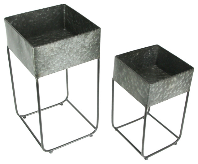 Set of 2 Galvanized Zinc Finish Square Metal Planters On Stands, One ...