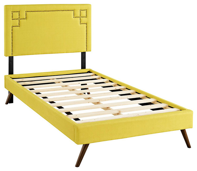 Josie Twin Fabric Platform Bed With Round Splayed Legs - Midcentury ...