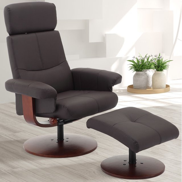 Modern Swivel Recliner Chair and Footstool with Brown Faux Leather Seat ...