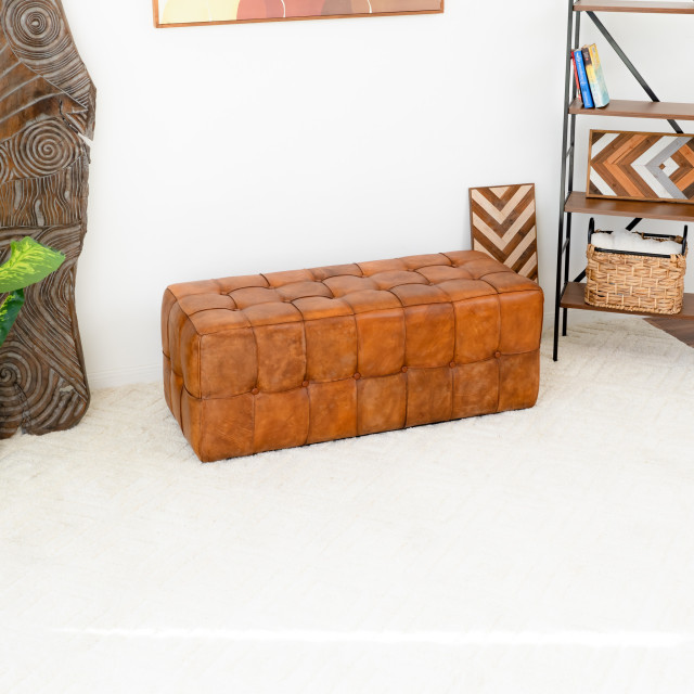 Bunta Mid-Century Modern Rectangular Genuine Leather Bench/Ottoman, Tan ...