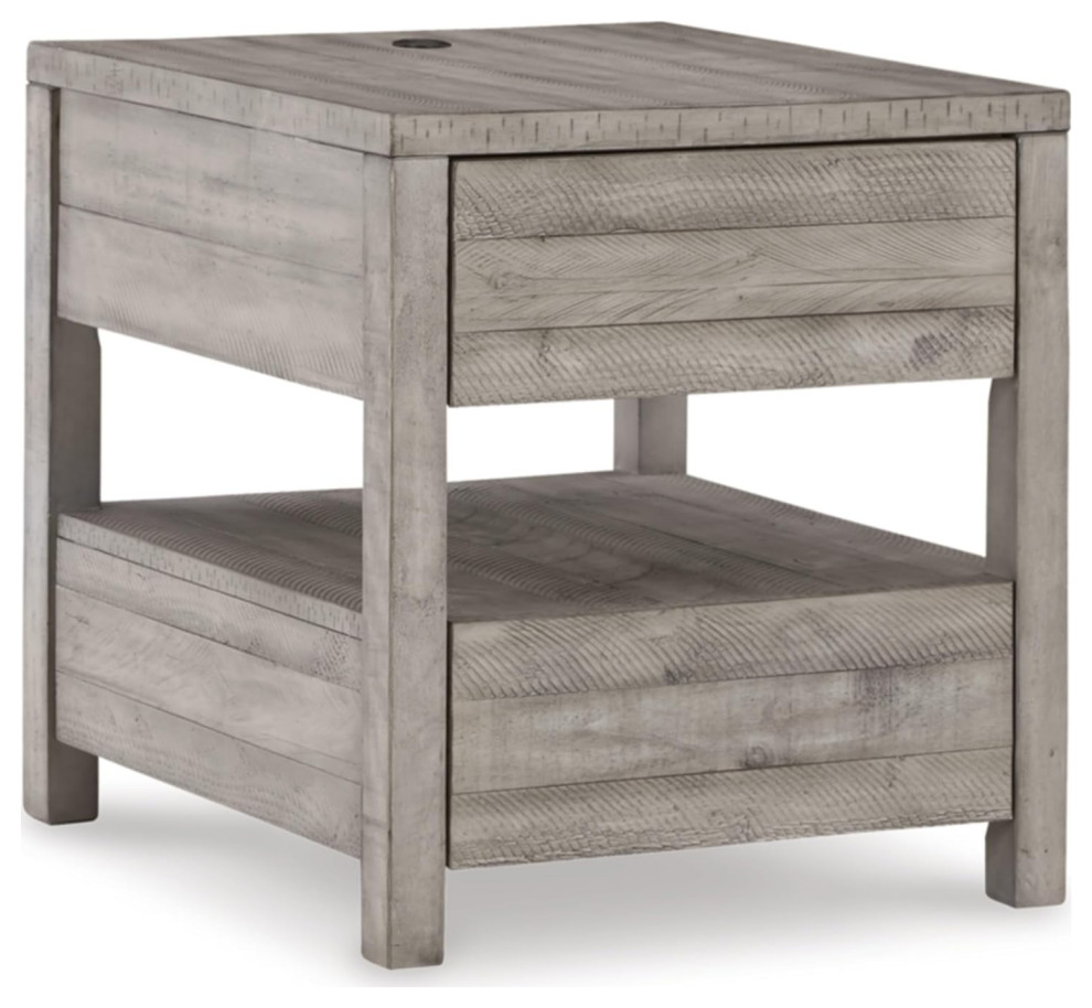 Farmhouse End Table, Square Pinewood Top With Open Compartments, Gray ...