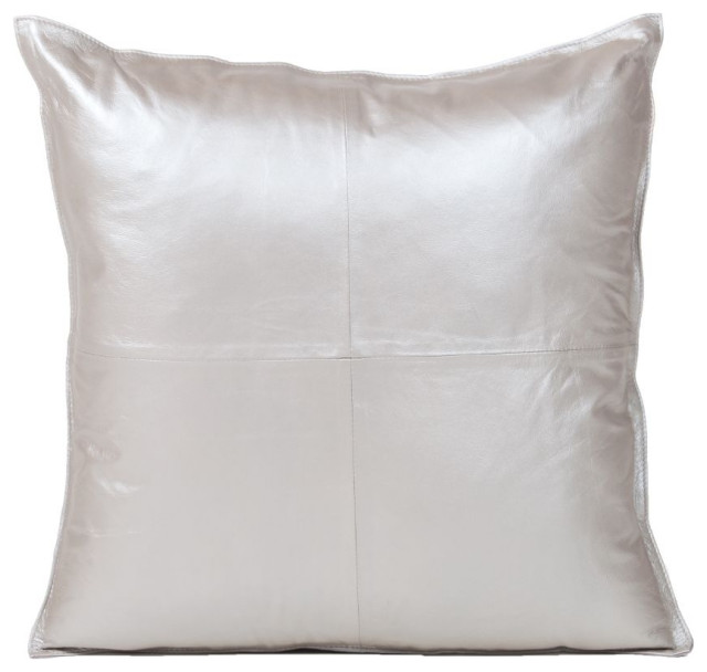 20" Metallic Silver Solid Decorative Square Leather Cushion - Feather ...