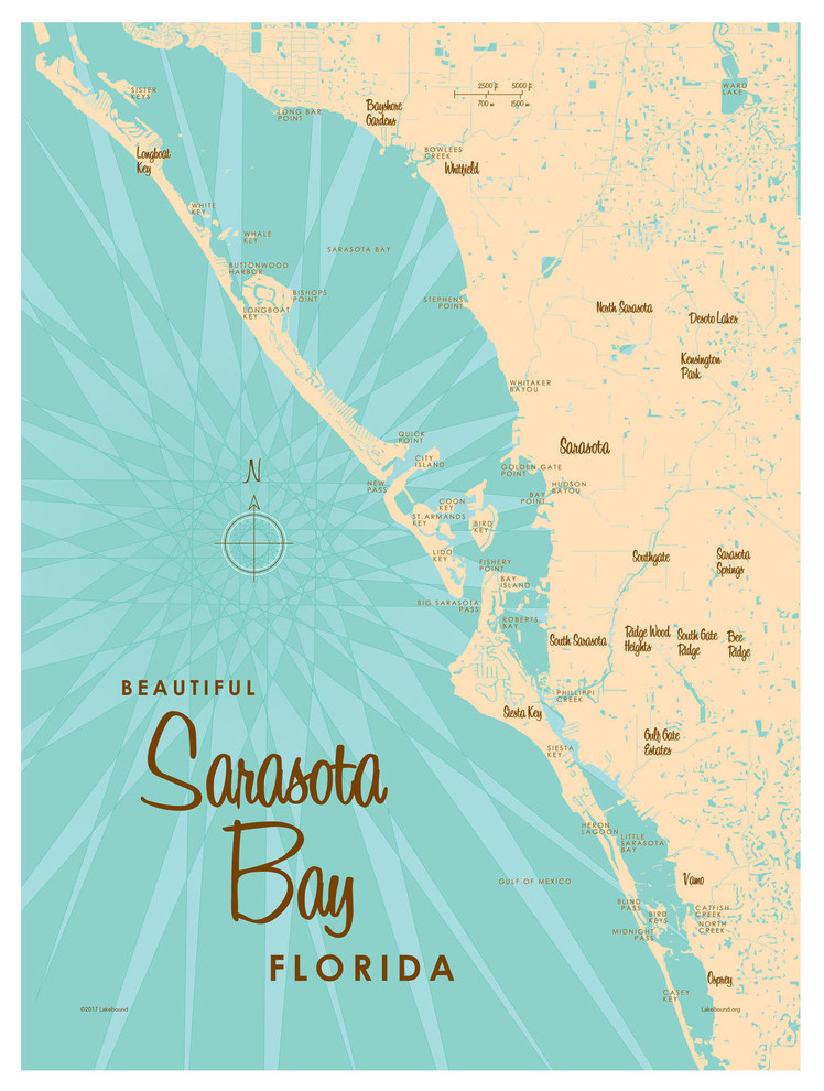 Lakebound Sarasota Bay Florida Map Art Print, 9"x12" - Contemporary ...