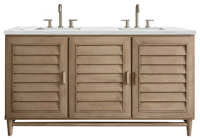 Portland 60" Double Vanity Whitewashed Walnut w/ 3 CM Ethereal Noctis ...