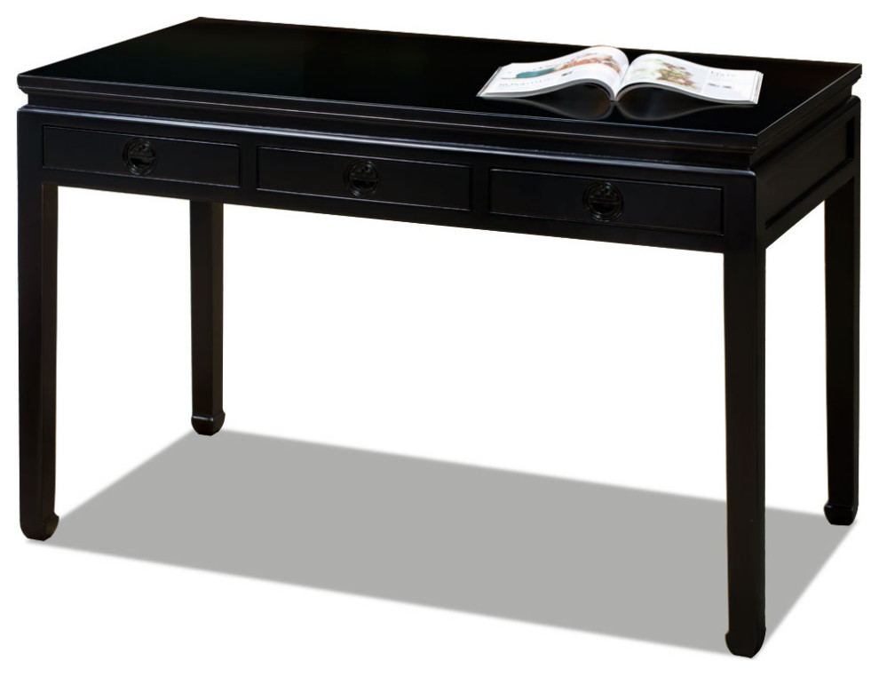 Matte Black Elmwood Chinese Longevity Desk with 3 Drawers - Asian ...