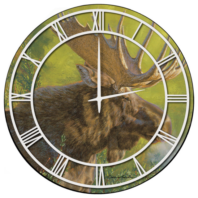 Wall Clock, Crisp Fall Morning Moose, 24"x24" - Rustic - Wall Clocks ...