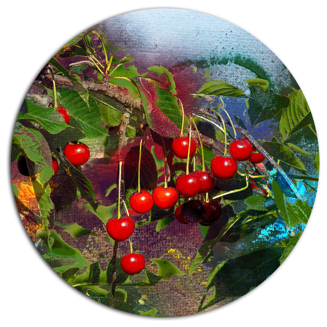 Summer And Cherries Watercolor, Floral Large Disc Metal Wall Art, Disc ...