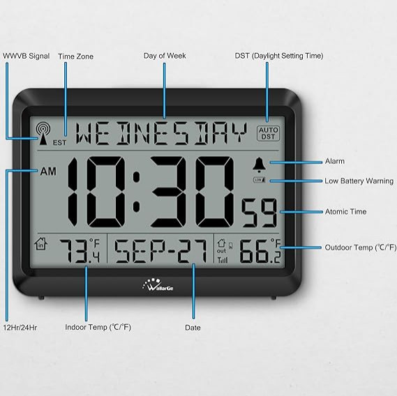 Atomic Clock with Indoor Outdoor Temperature, Self-Setting Digital Wall ...