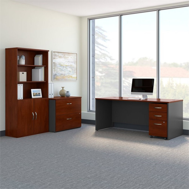 Series C 72"W Office Desk with Bookcase and File Cabinets Hansen Cherry ...