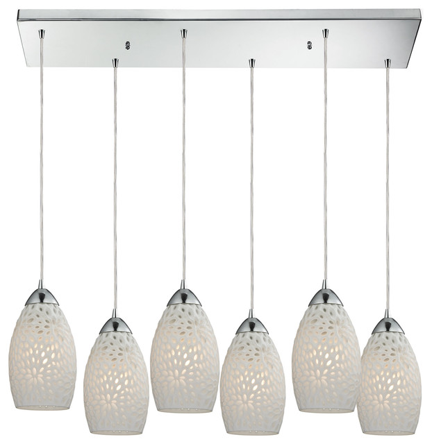 Etched Glass 6-Light Pendant, Polished Chrome With White Etched Glass ...