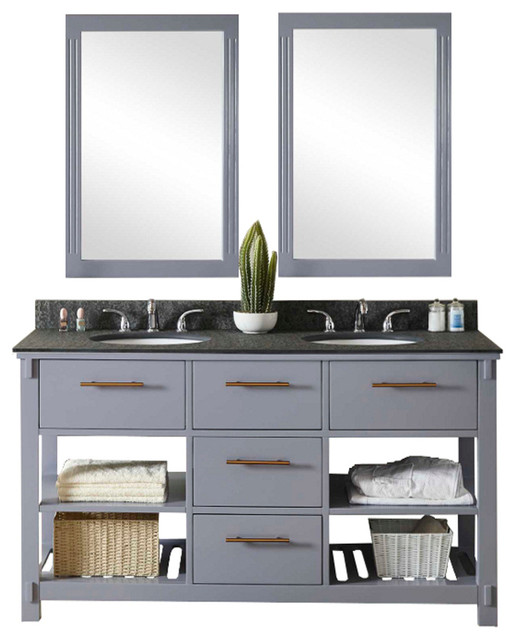 Double Sink Bathroom Vanity In Gray Finish With Polished Textured ...