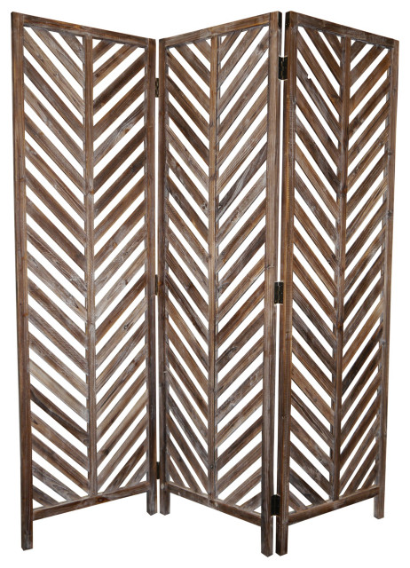 3 Panel Foldable Wooden Screen With Herringbone Pattern, Brown ...