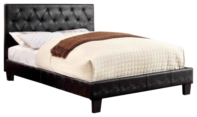 Textured Leatherette Queen Size Bed with Button Tufting, Black ...