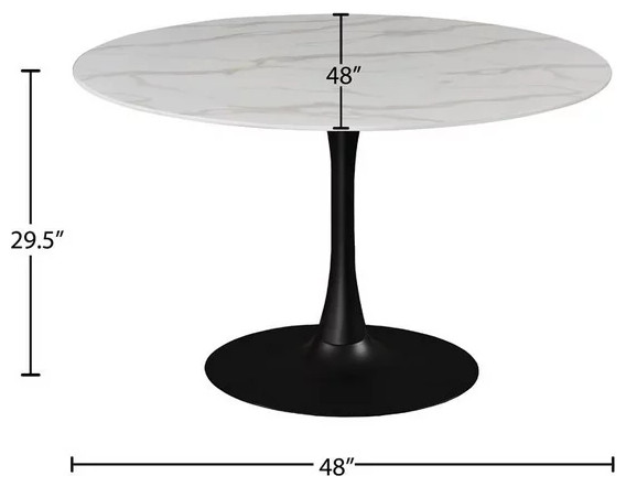 Contemporary Dining Table, Matte Black Metal Base & Round Faux Marble ...