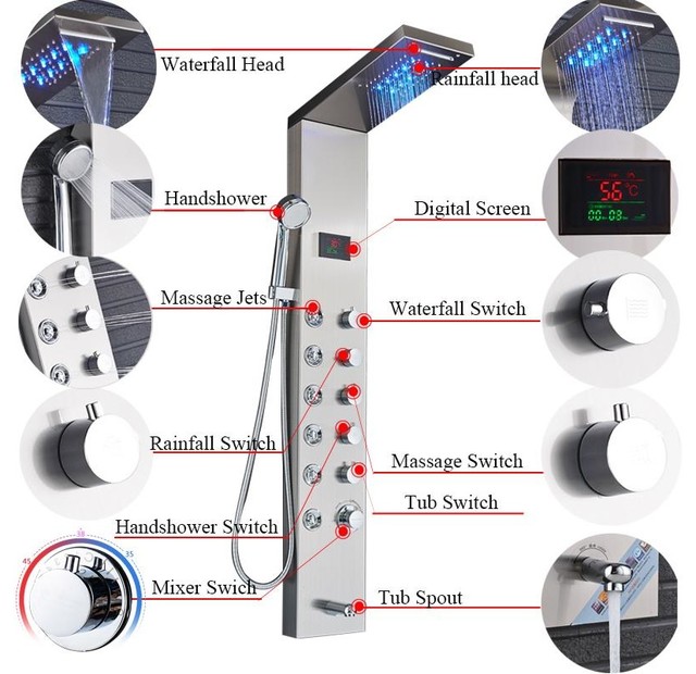 Brushed Nickel LED Shower Panel With Massage Jets Waterfall Rainfall ...