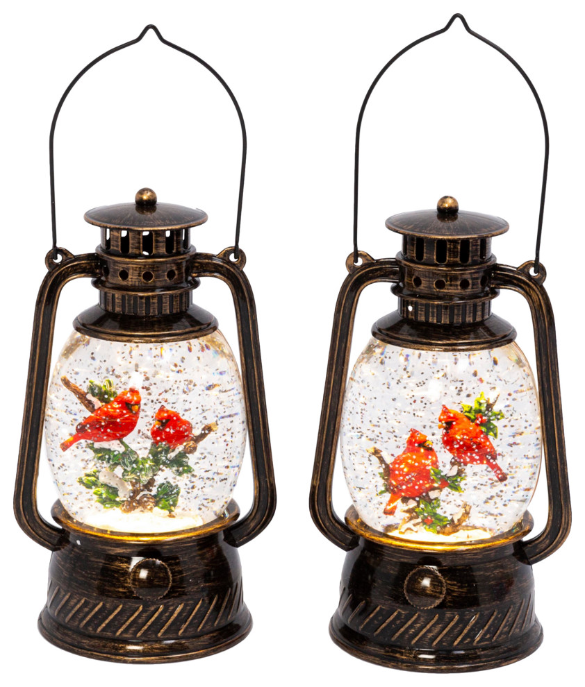 Set of 2 8.5-in H B/O Lighted Spinning Water Globe Lantern w/ Cardinal ...