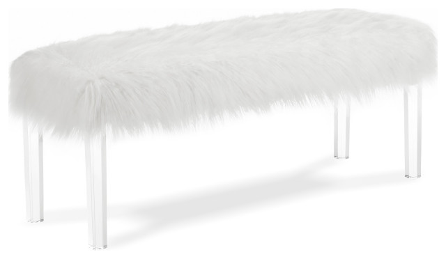 Benzara BM272063 49" Faux Fur Bench With Acrylic Clear Legs, White ...