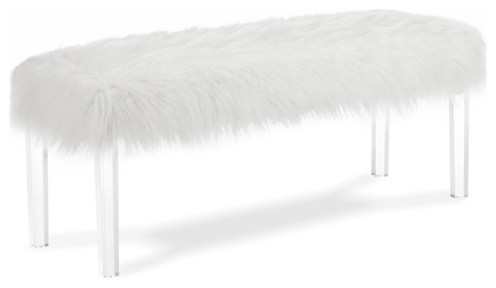 Benzara BM272063 49" Faux Fur Bench With Acrylic Clear Legs, White ...