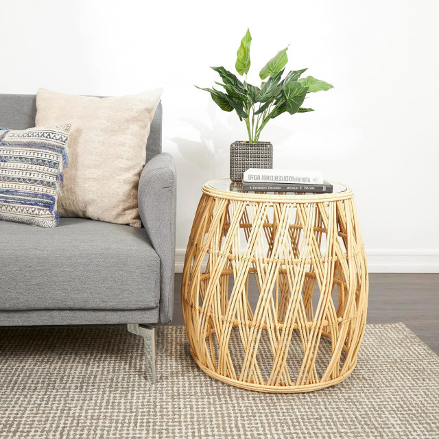 Unique Accent End Table, Rattan Frame With Crossed Pattern & Glass Top ...