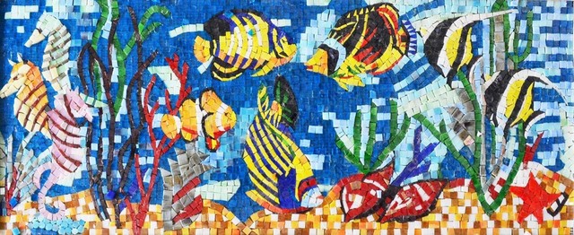 Sea Creatures In Aquarium Glass Mosaic, 22" x 12" - Beach Style - Tile ...