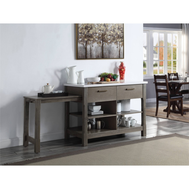 ACME Feivel Kitchen Island with Pull Out Table in Marble Top and Rustic ...