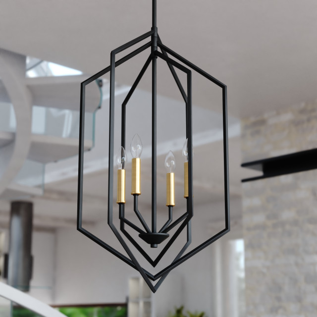 Riley 4 Light Black and Satin Brass Contemporary Geometric Cage Pendant ...