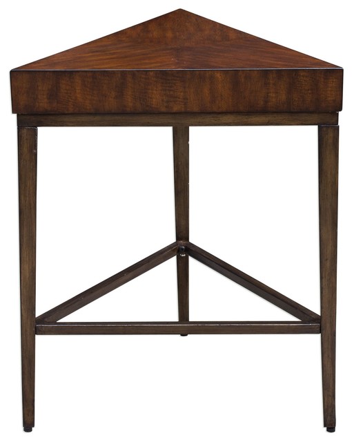 Triangle Shaped Wood Iron Accent Table, Angle Pedestal - Transitional ...
