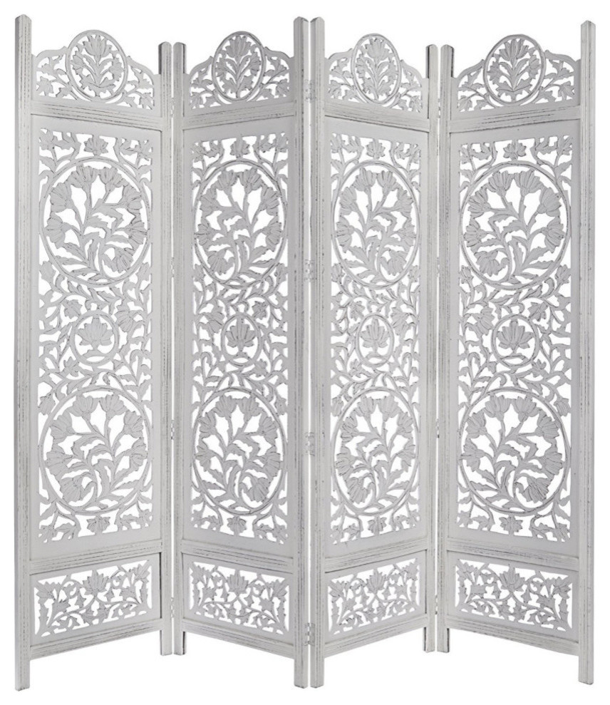H&crafted Wooden 4 Panel Room Divider Screen Featuring Lotus Pattern ...