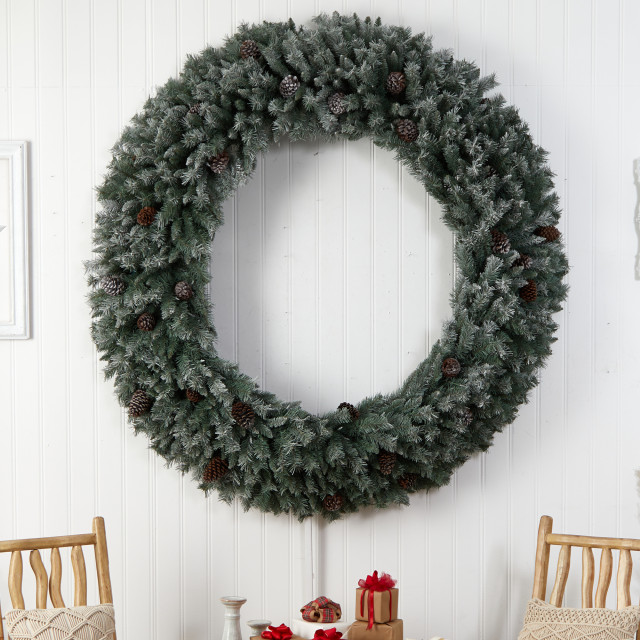 6' Giant Flocked Xmas Faux Wreath W/ Pinecones, Clear Lights & Bendable ...