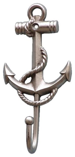 Brushed Nickel Anchor and Rope With Hook 7" - Beach Style - Wall Hooks ...