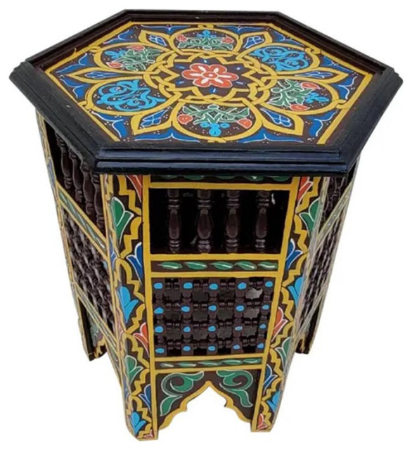 Moroccan Hexagonal Wooden Hand Painted Side Table, Musharabi Maroon ...