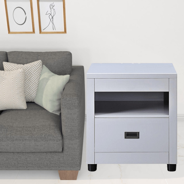 24" Dove Gray Square End Table With Drawer And Shelf - Transitional ...