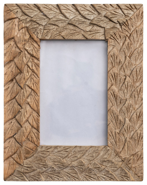 Boho Wood Photo Frame with Carved Feather Design, Natural - Farmhouse ...