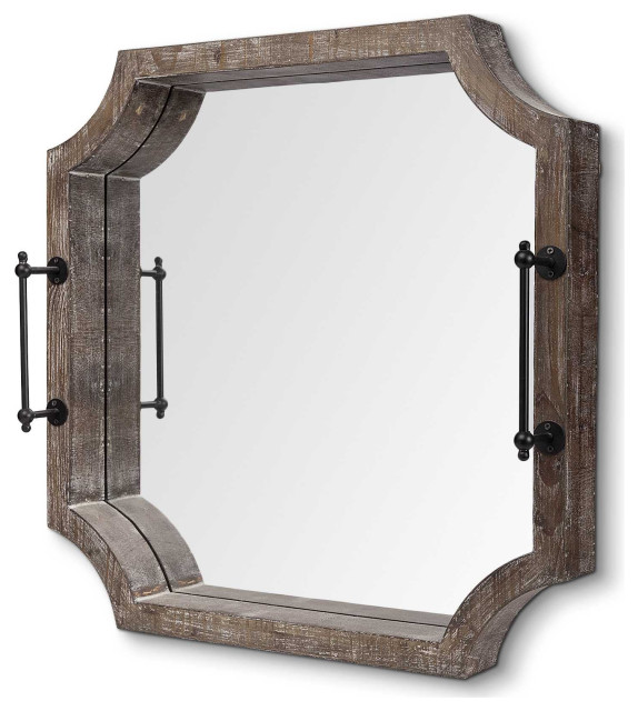 Rustic Antique Wash Finish Wood With Mirrored Glass Bottom And Metal Handle Tray - Farmhouse ...