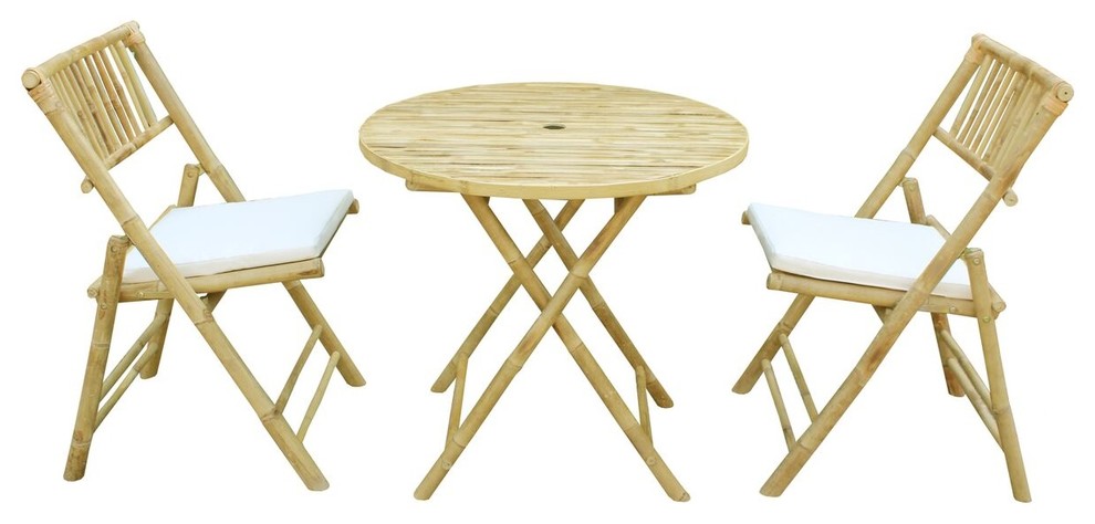Bamboo Patio Set With Round Table + 2 Chairs With White Cushion - Asian ...