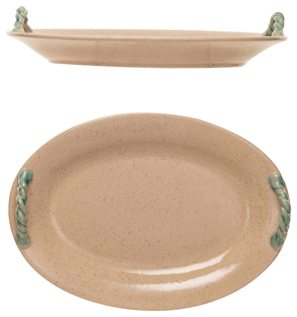 Oval Terra-cotta Platter With Hand-Painted Braided Handles, Cream and ...