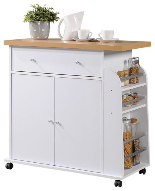 Pemberly Row Contemporary Wood Kitchen Cart with Spice Rack in White ...