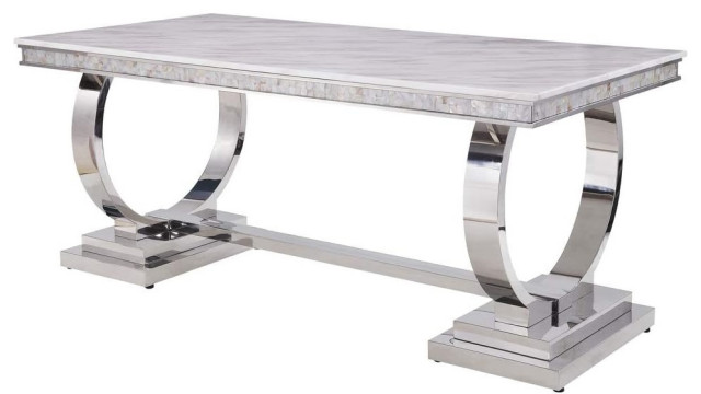 Contemporary White Faux Marble Dining Table with Mirrored Silver ...