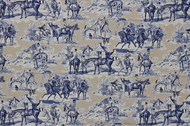 Blue Tan Equestrian Horse Fabric Victorian Toile, Yard - Contemporary ...