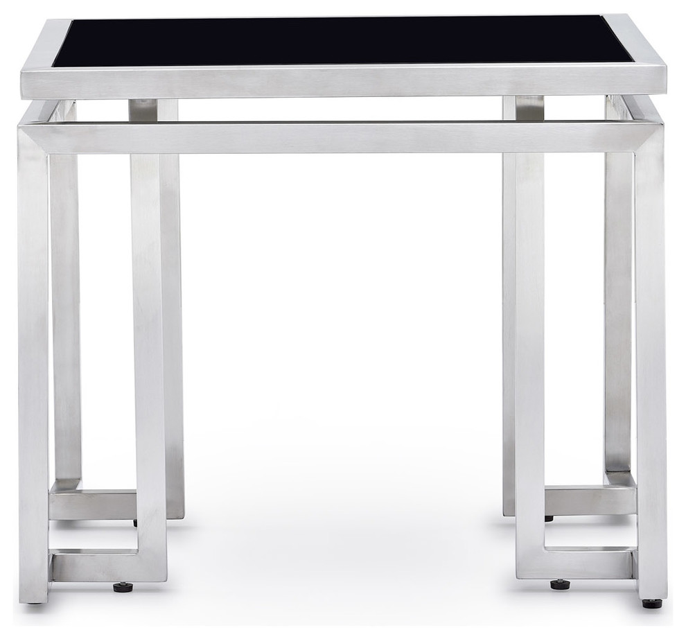 Plaza End Table Opaque Black Tempered Glass Top Brushed Stainless Steel ...