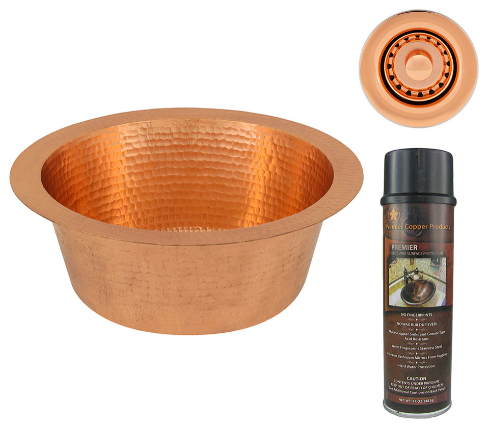 12" Round Hammered Copper Bar Sink, 2" Drain Opening, Polished Copper ...