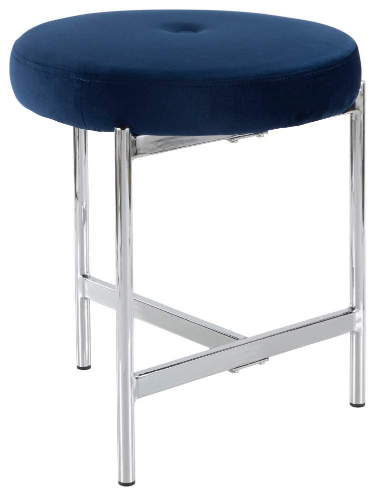 Chloe Contemporary Vanity Stool, Chrome and Blue Velvet, 17"L 17"W 18"H ...